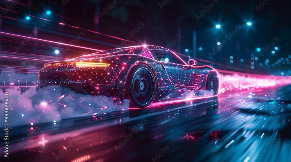 Futuristic drift car in motion with neon fast lines and abstract smoke ...