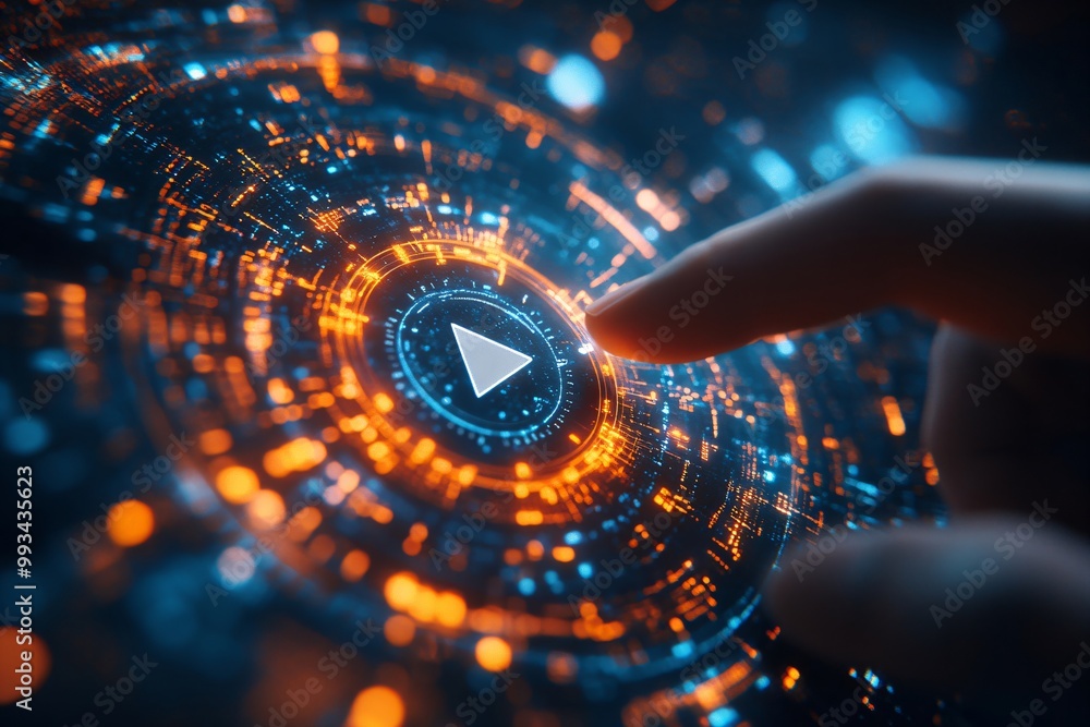 Finger touching futuristic play button interface with glowing data ...