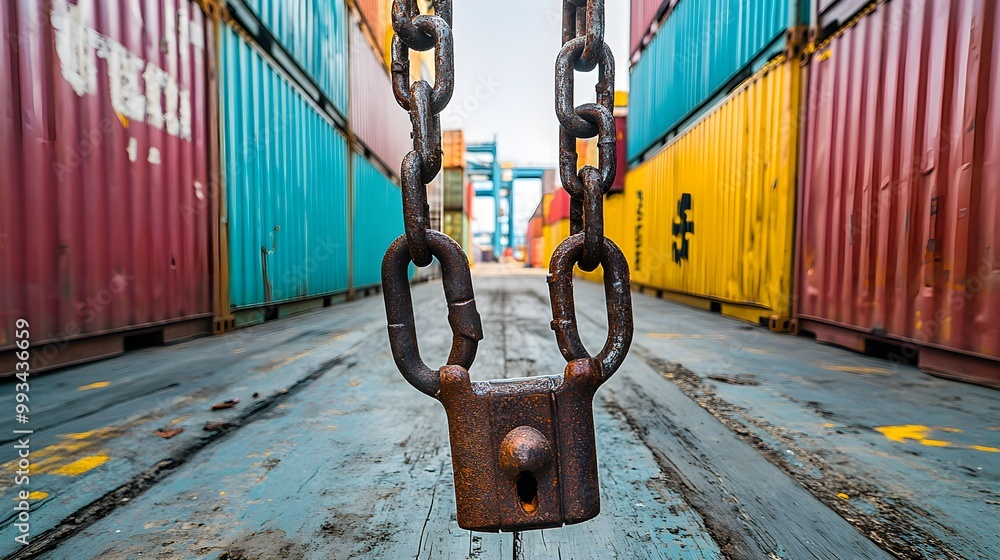A shipping container at a port with a severed chain hanging loosely ...