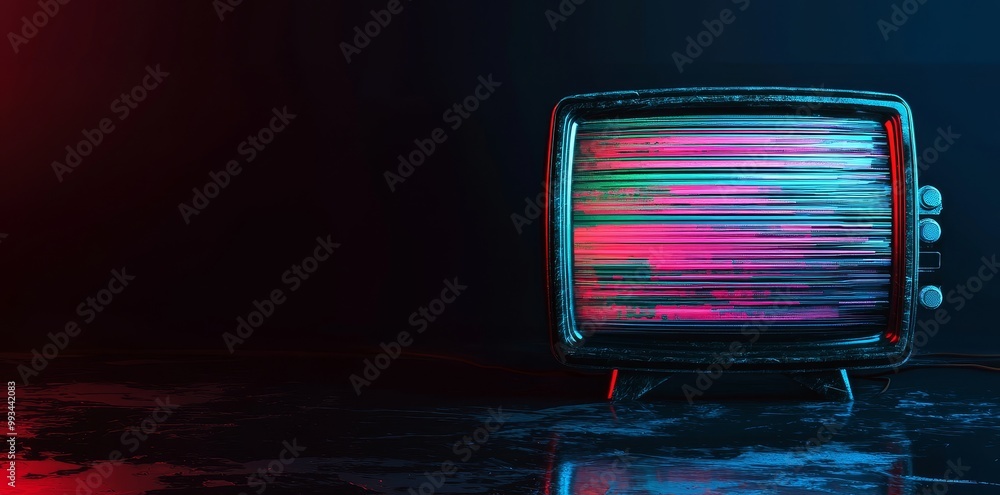 Vintage computer screen with 80s Retro wave style background. VHS noise ...