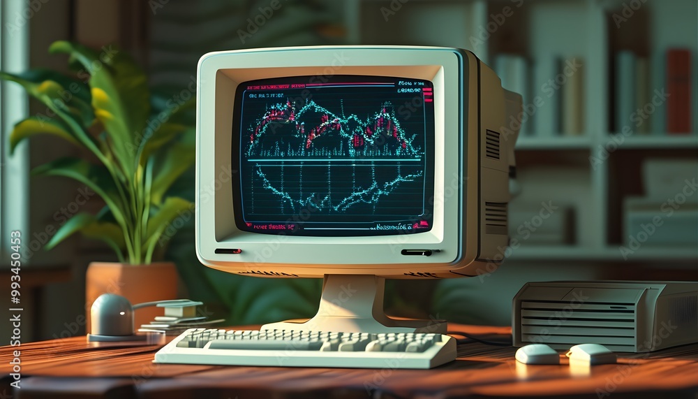 Hyper-realistic vintage computer screen showcasing advanced financial ...
