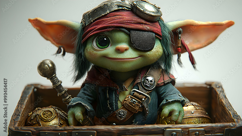 A cute, green, furry creature with large ears, wearing a pirate ...