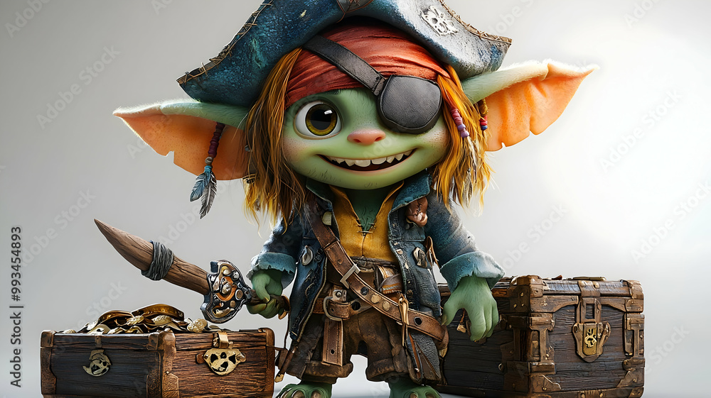 Cute green goblin pirate with an eyepatch and a pirate hat holding a ...