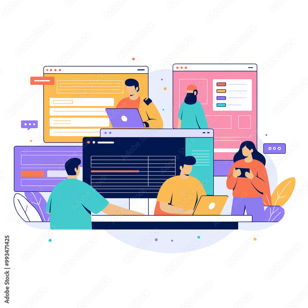 Teamwork develop social media content vector illustration. Cartoon flat ...