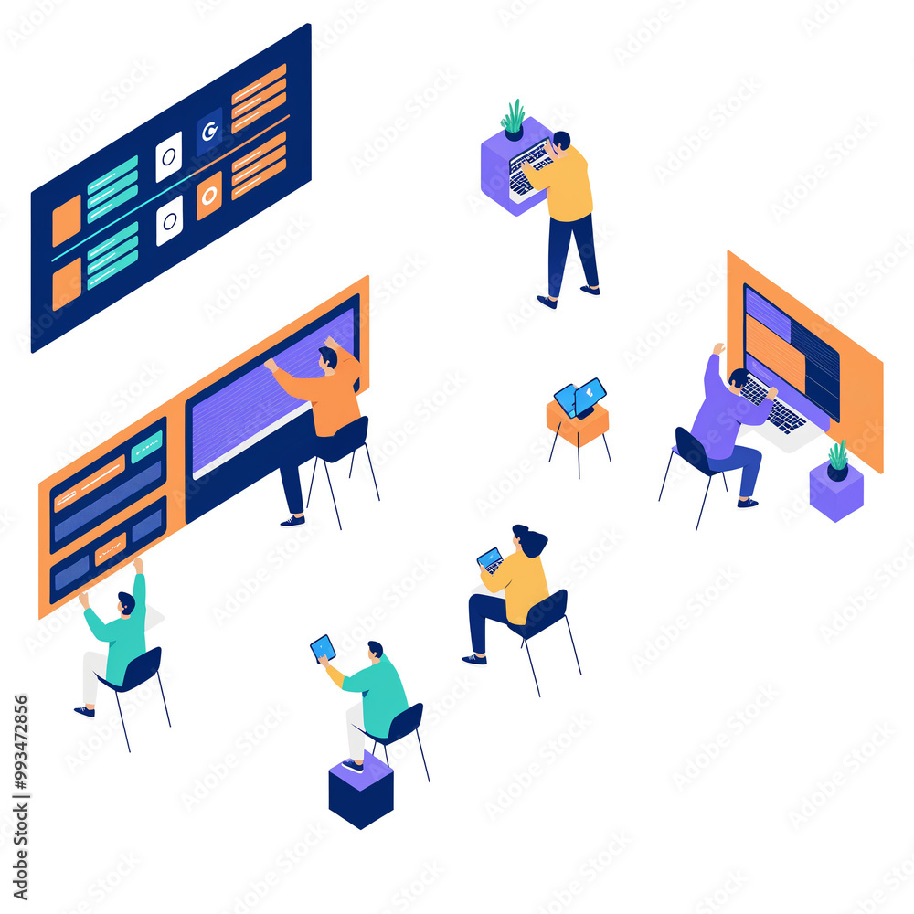Teamwork develop social media content vector illustration. Cartoon flat ...