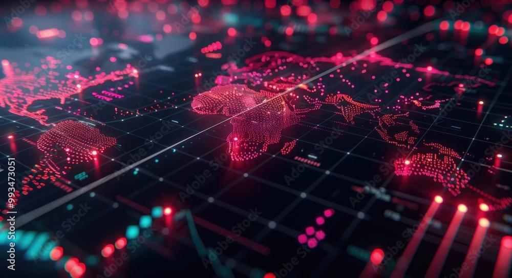 An advanced stock market chart with candlestick patterns and global map ...