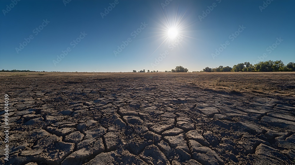 An expansive view of a cracked earth landscape under the intense glare ...