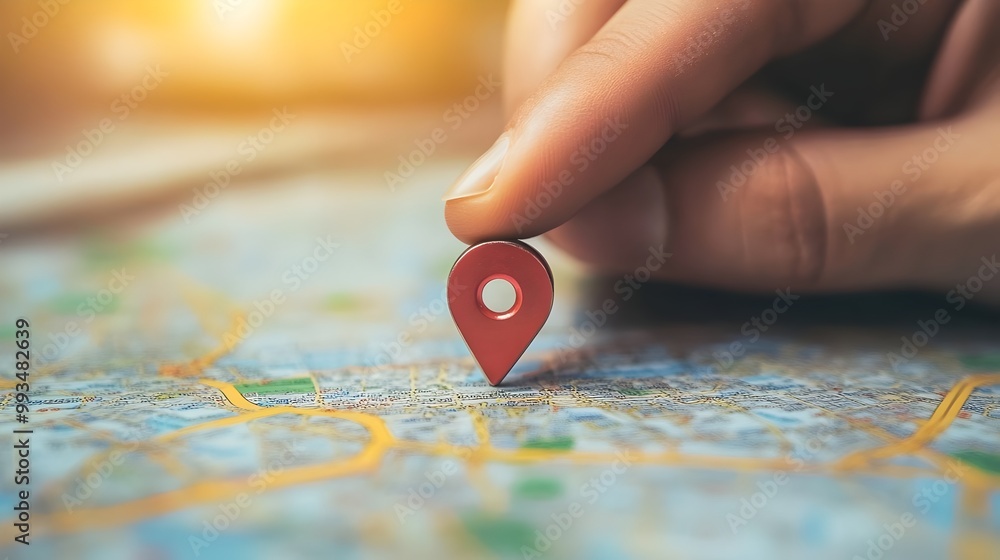 hand on the map with gps signal and location. Showing Location on map ...