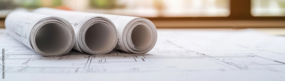 rolled blueprints on a table, showcasing detailed architectural plans ...