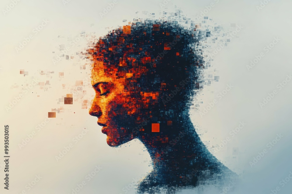 A human figure dissolving into fragmented pixels representing the ...