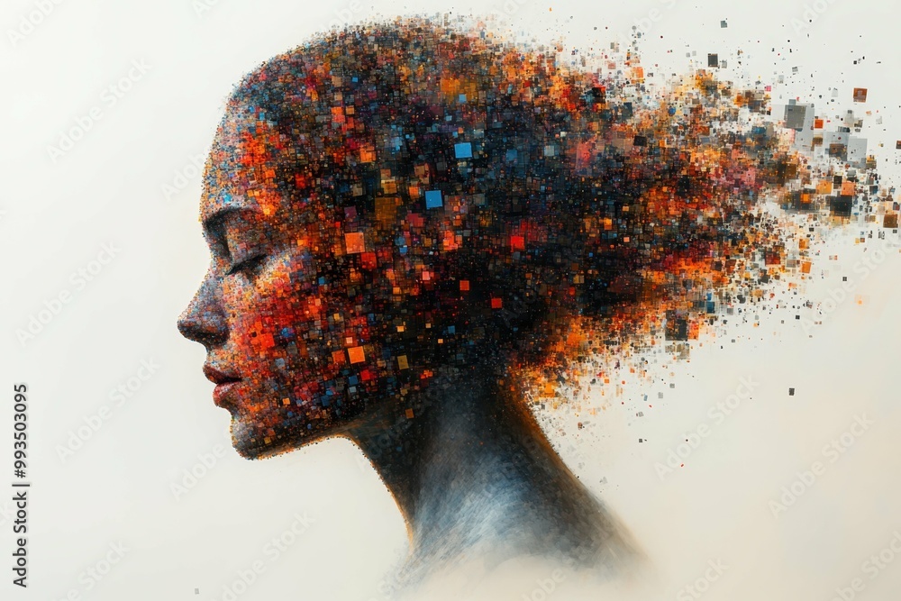 A human figure dissolving into fragmented pixels representing the ...