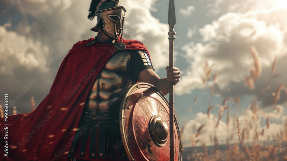 Spartan warrior in red cloak and iron helmet holding spear, shield and ...