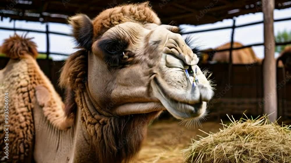 A Bactrian camel chewing hay inside a farm enclosure, showcasing its ...