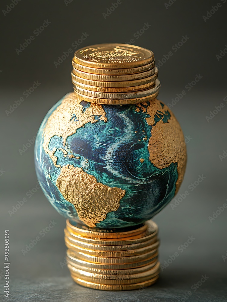 Stacked Gold Coins Around Earth Gold coins stacked around a 3D Earth ...
