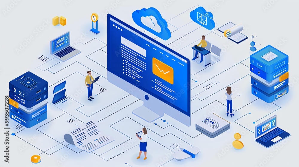 Stylized illustration depicting a modern IT workflow, showcasing cloud ...