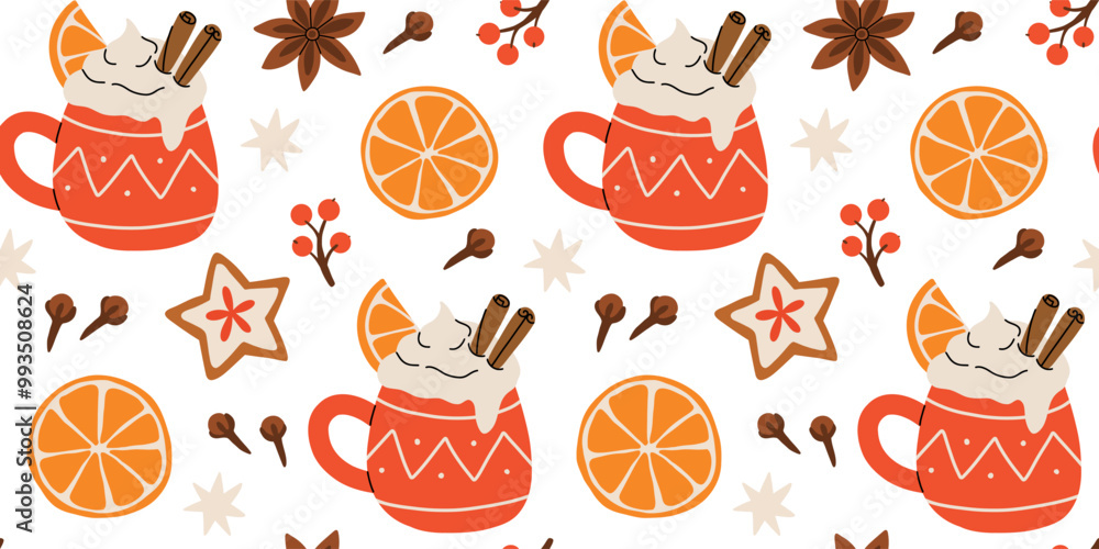 Vector seamless pattern with winter hot drinks. Image of tea with ...