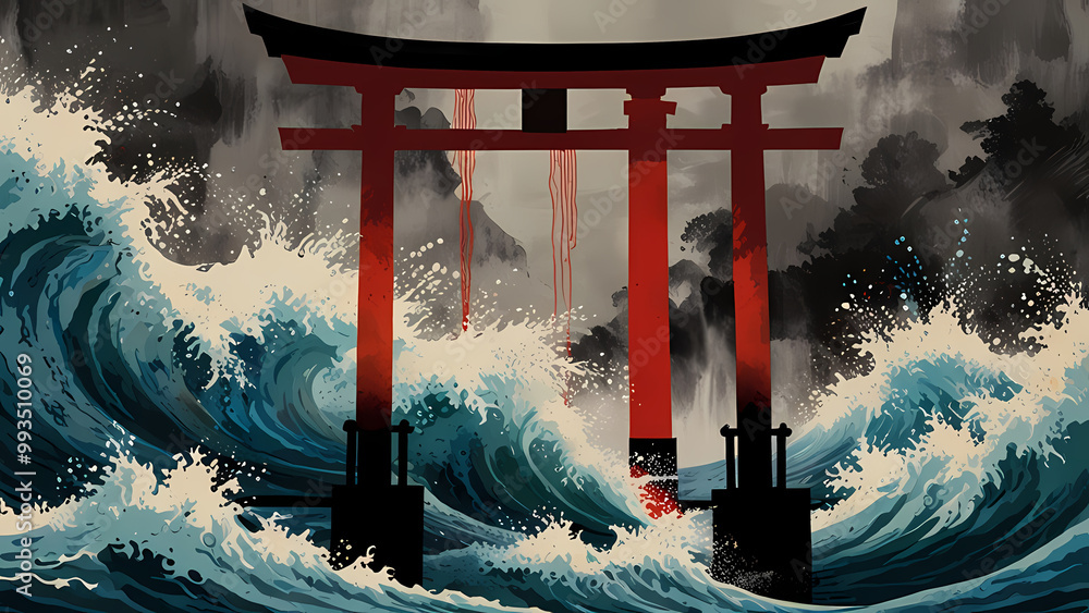 abstract fusion of traditional and modern art, where a Torii gate is ...