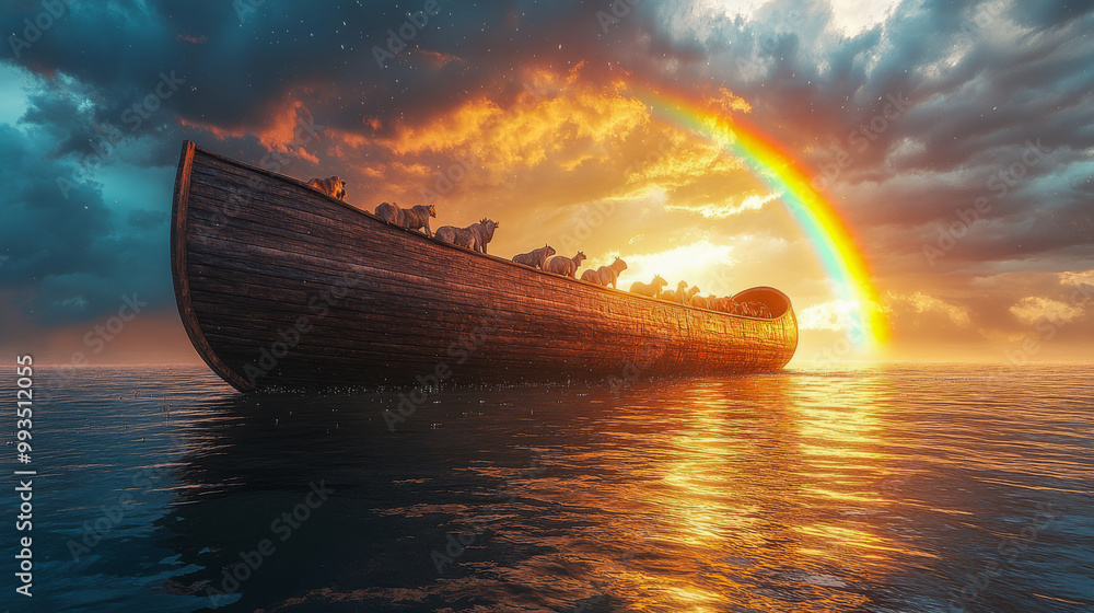 Noah's Ark floats on calm waters at sunset, surrounded by golden light ...