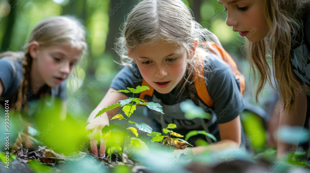 Students learning outdoors in forest, hands-on activities such as ...