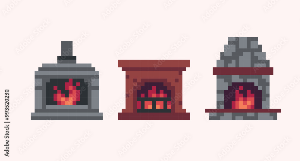 Fireplace pixel art set. Decor furniture, classic stone fire pit, oven ...