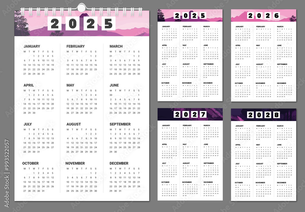 Calendar Set For 2025 to 2028 Years Stock Template | Adobe Stock
