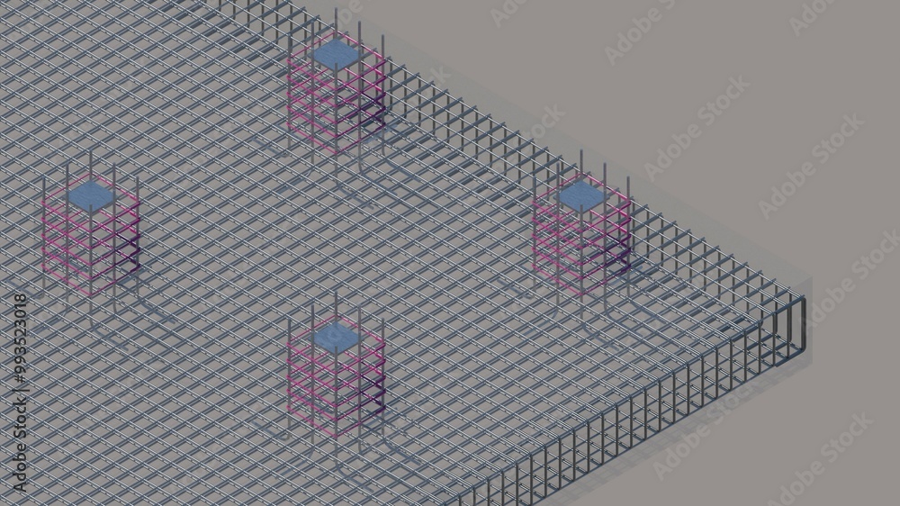 3D axonometric detail of a 60cm concrete foundation with 16 pedestals ...