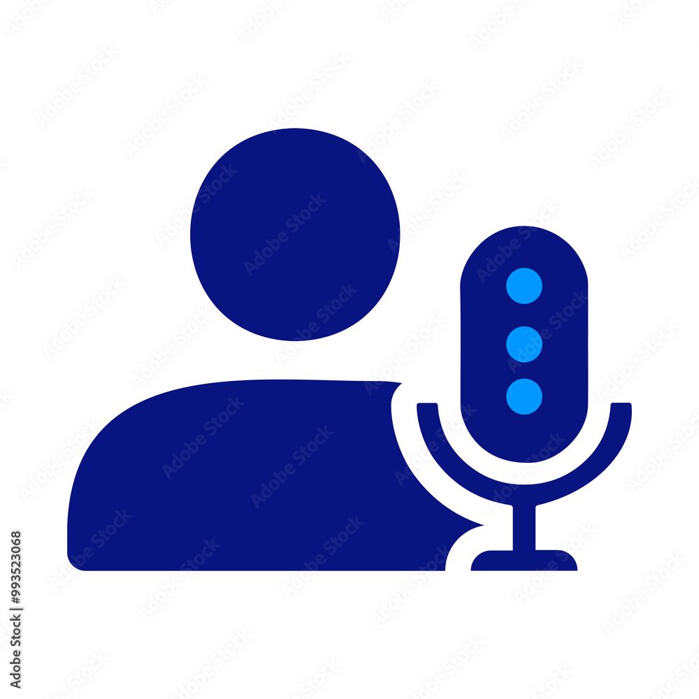 Blue person icon with a microphone, circular head, minimalistic design ...