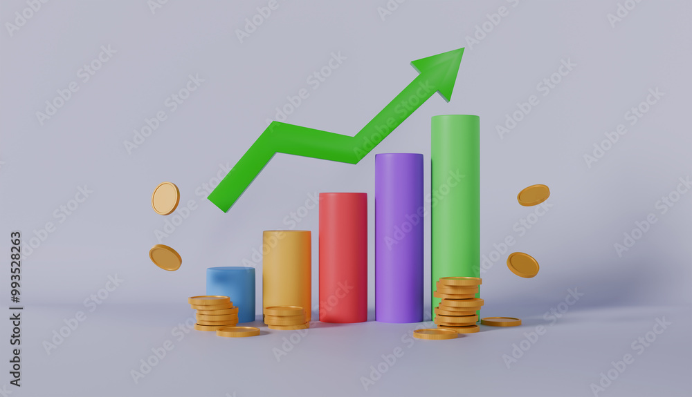 Chart bar with arrow up icon and coin money Growing bars Successful ...