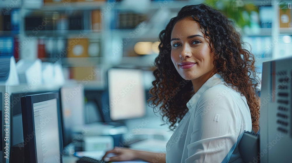 A woman with curly hair smiles warmly while seated at an office desk surrounded by computers ...
