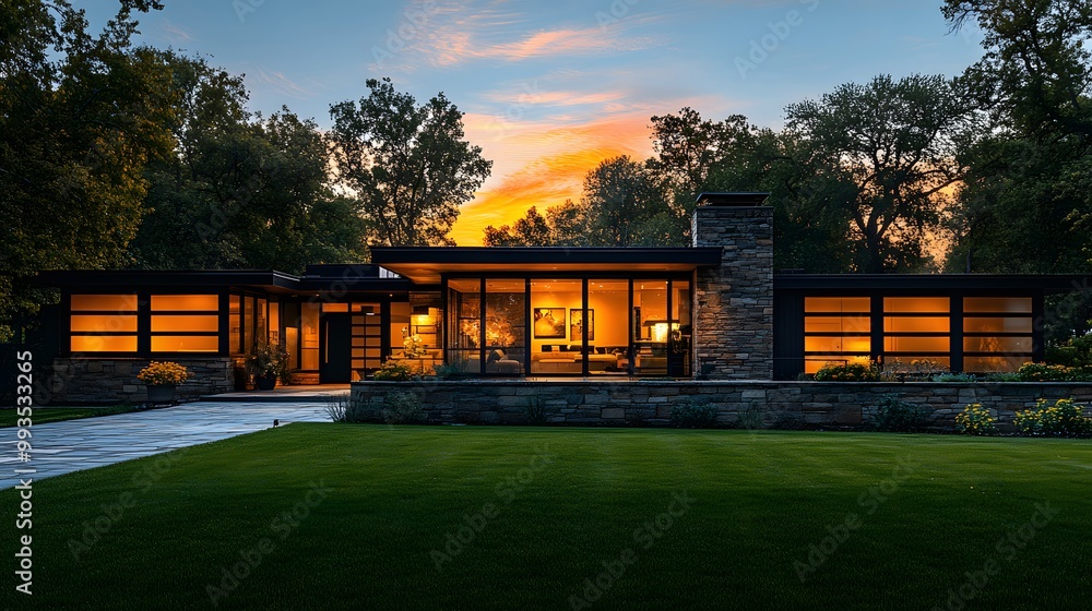 Mid-century modern ranch house with symmetrical design, large windows ...