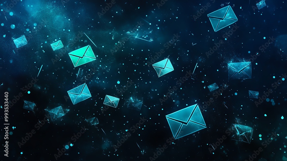 Digital envelopes flying in a technology-themed background ...