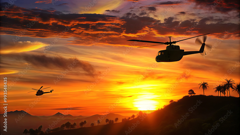Two helicopters soar through the sky as a vibrant sunset illuminates ...