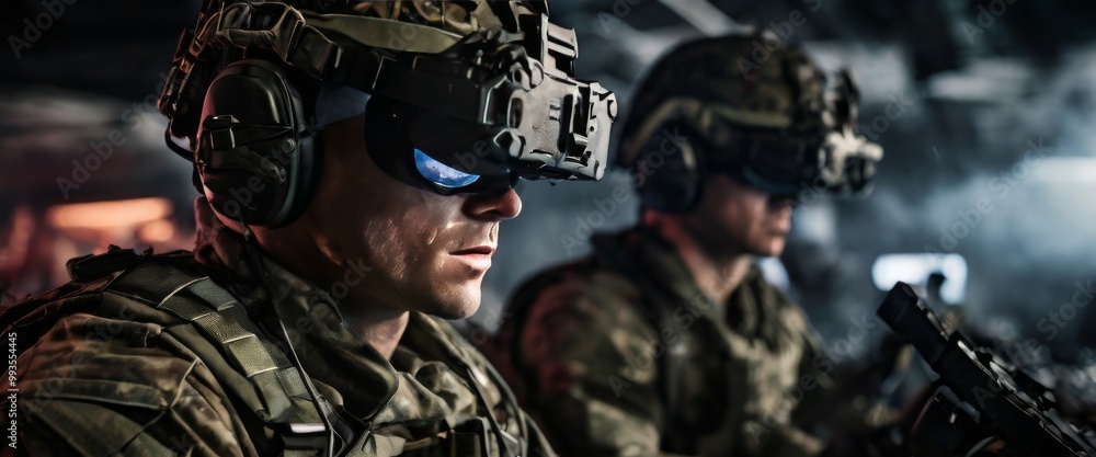 Two soldiers equipped with modern night vision goggles focus on a ...