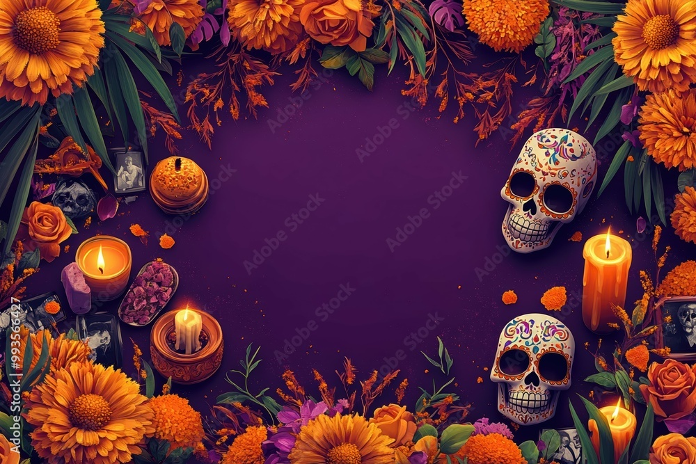 Dia de los Muertos Ofrenda style wallpaper deep purple background with ...