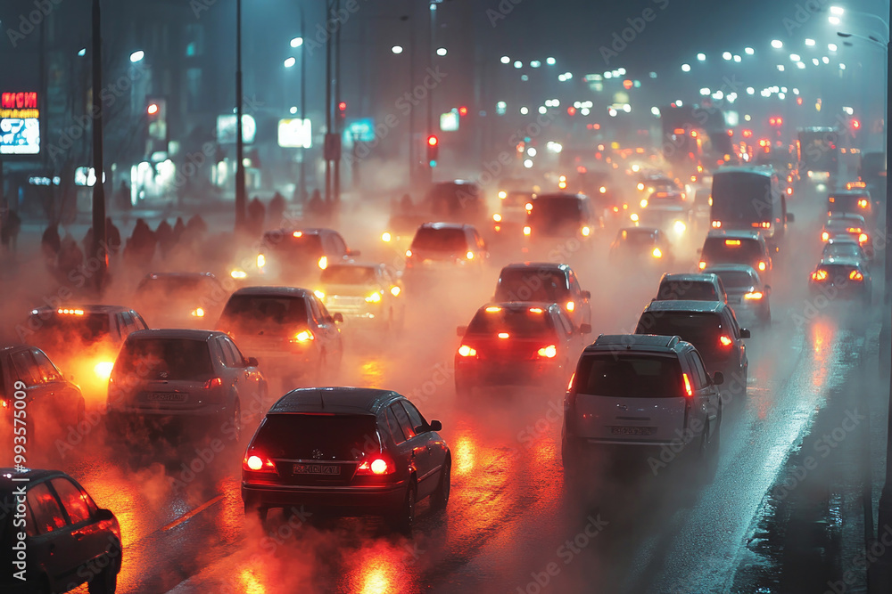 Heavy traffic on a city street at night, with car headlights and ... Heavy traffic on a city street at night, with car headlights and ...