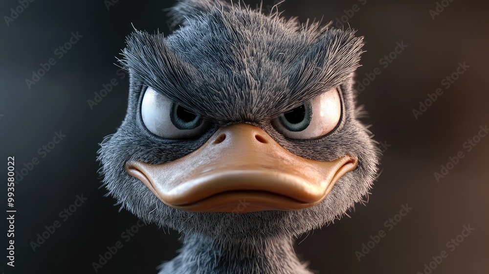 3D animated duck face with furrowed eyebrows, narrowed eyes, downturned ...