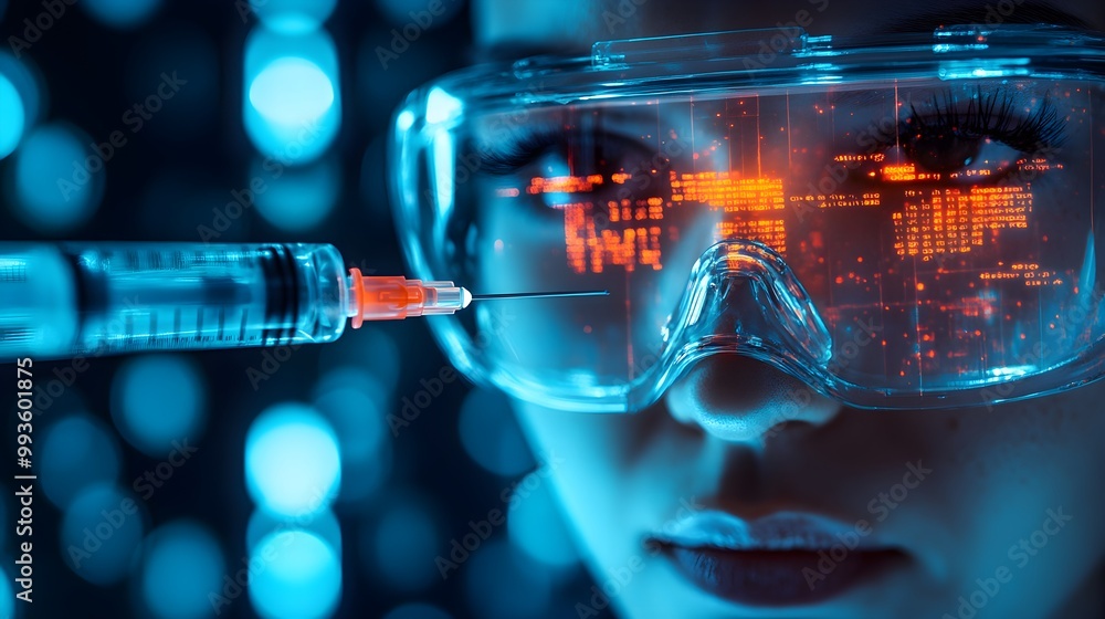Syringe extracting vaccine from a vial, detailed focus, worker wearing ...