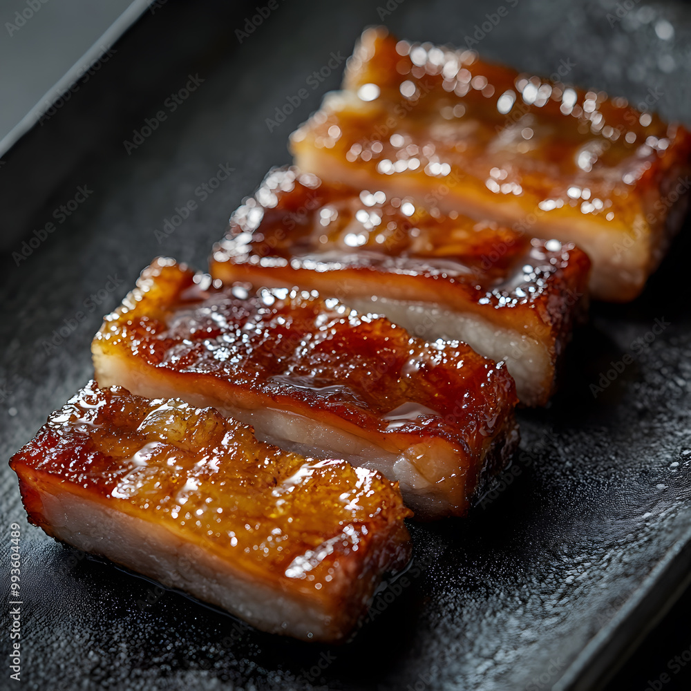 A professional-grade photograph of straight, sizzling pork belly strips ...