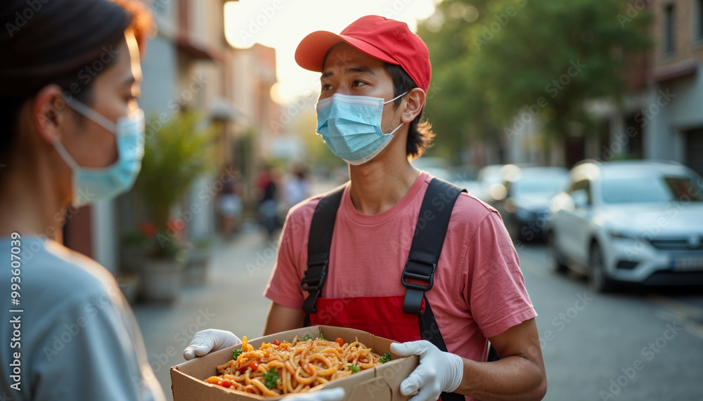 Asian delivery man wearing face mask holding meal delivering to client ...