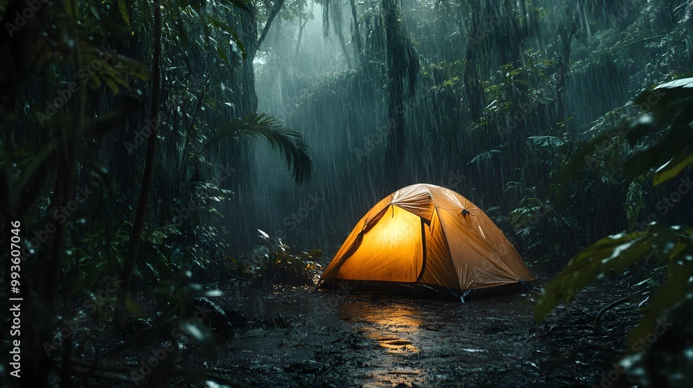 Illuminated orange tent in a dark rainforest with wet ground and dense ...