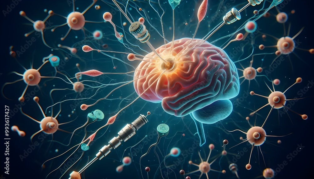 Synapse and neuron in 3D brain illustration. Explore neurotransmitter ...