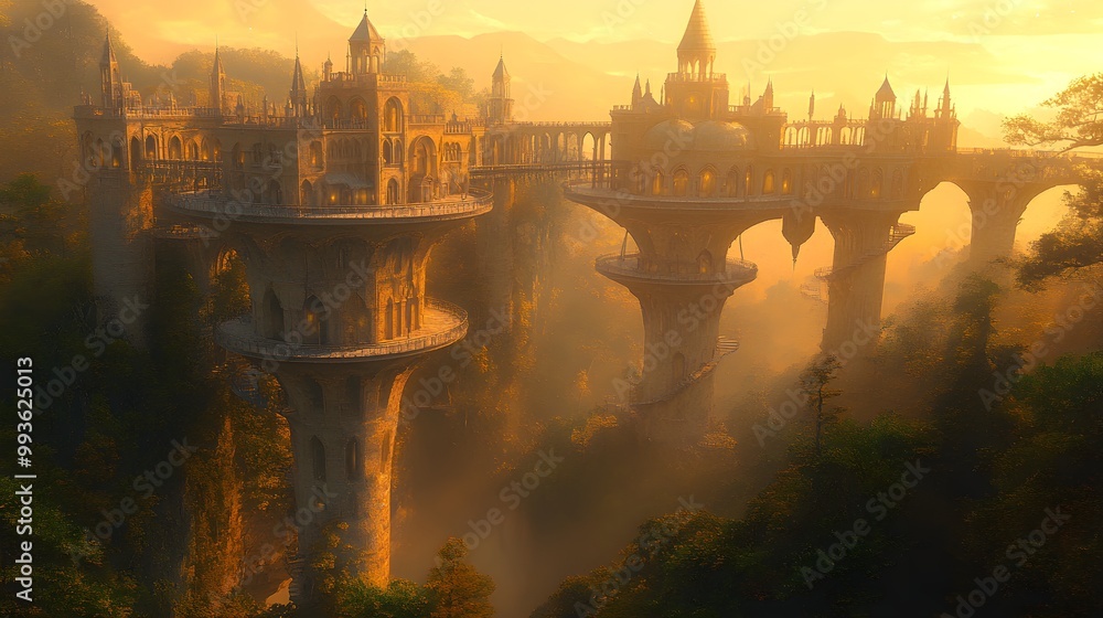 A majestic castle suspended in mid-air, surrounded by circular turrets ...