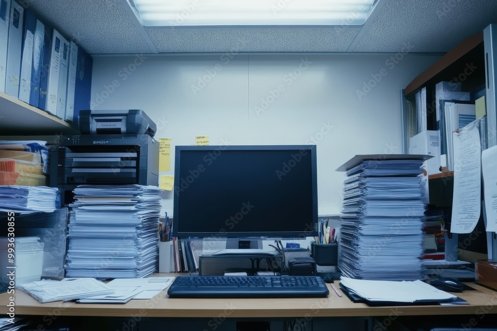 Functional Workspace: Small Office Cubicle with Computer and Organized ...