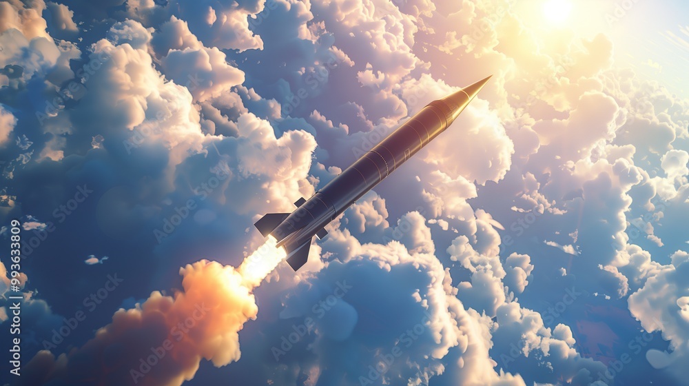 A missile in flight streaking across a clear blue sky, leaving a trail ...