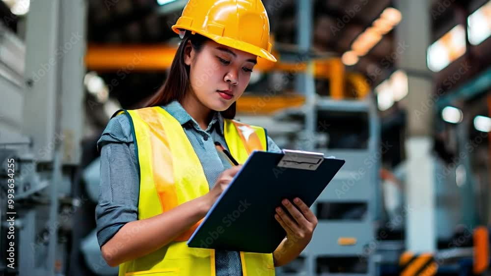 Female engineer taking notes on clipboard during inspection of factory ...