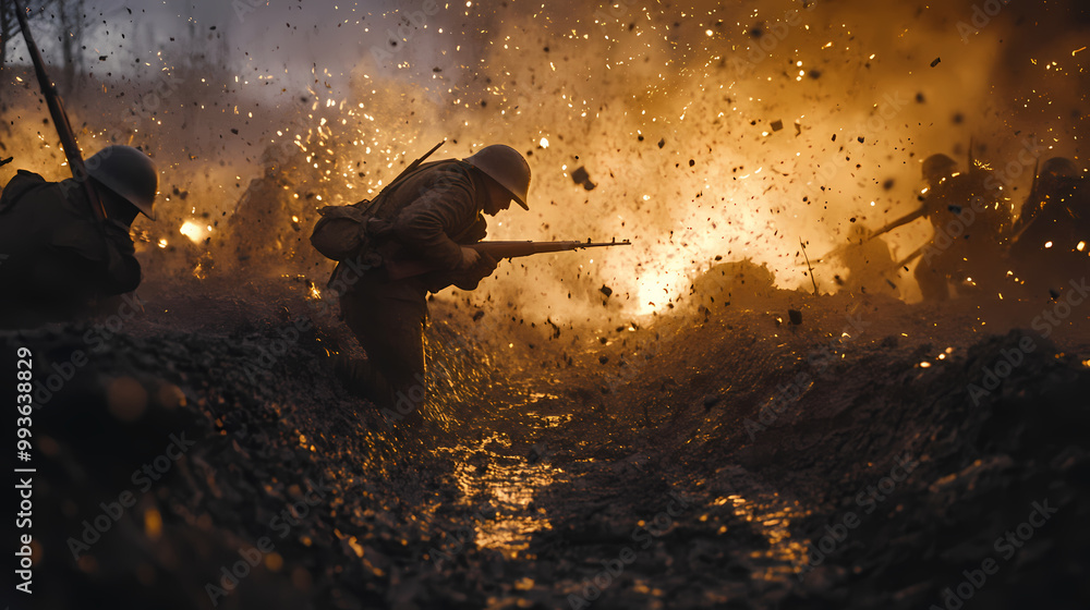 Foto de Generative AI, Soldiers Under Fire in World War I Trenches do ...