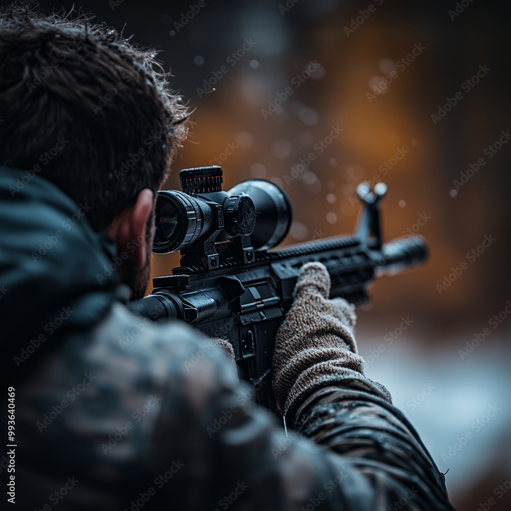 A man shooting an AR-308 rifle, wing and eye protection. The photo is ...