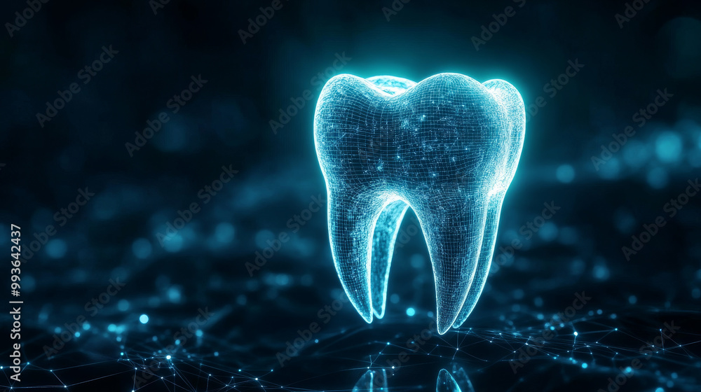 A glowing, holographic tooth shines brightly, representing the future ...