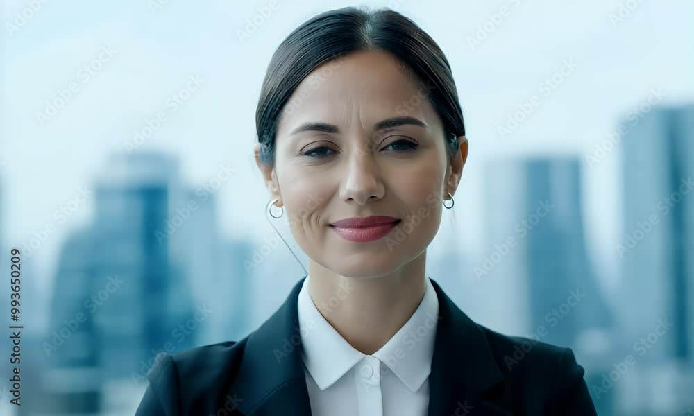 Businesswoman in a suit with a faint smile, captured in close-up ...