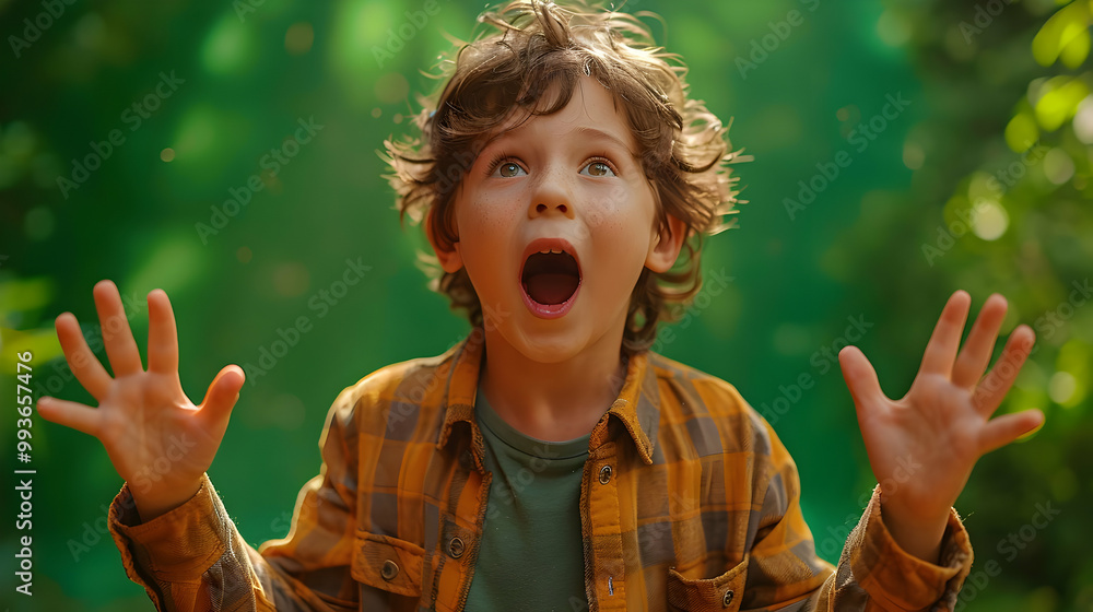 Little Boy Reacts with Surprise and Wonder, Open Mouth and Hands Raised ...